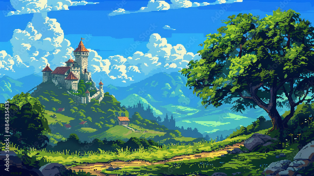 2d pixel art of medieval castle on the hill with blue sky, game art ...