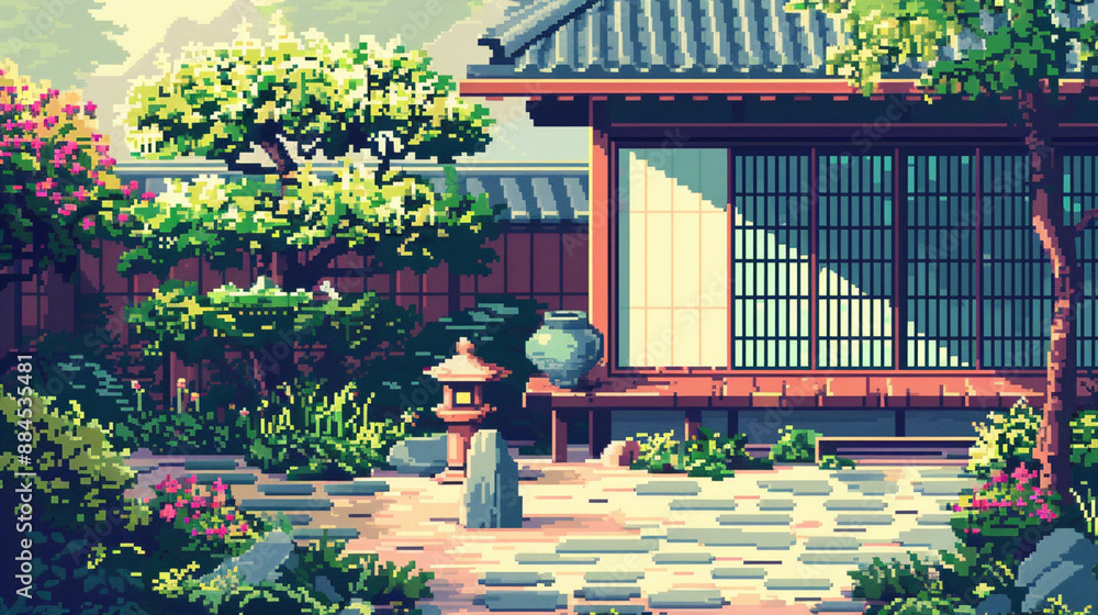 2d pixel art of japanese house with zen garden, japanese garden ...