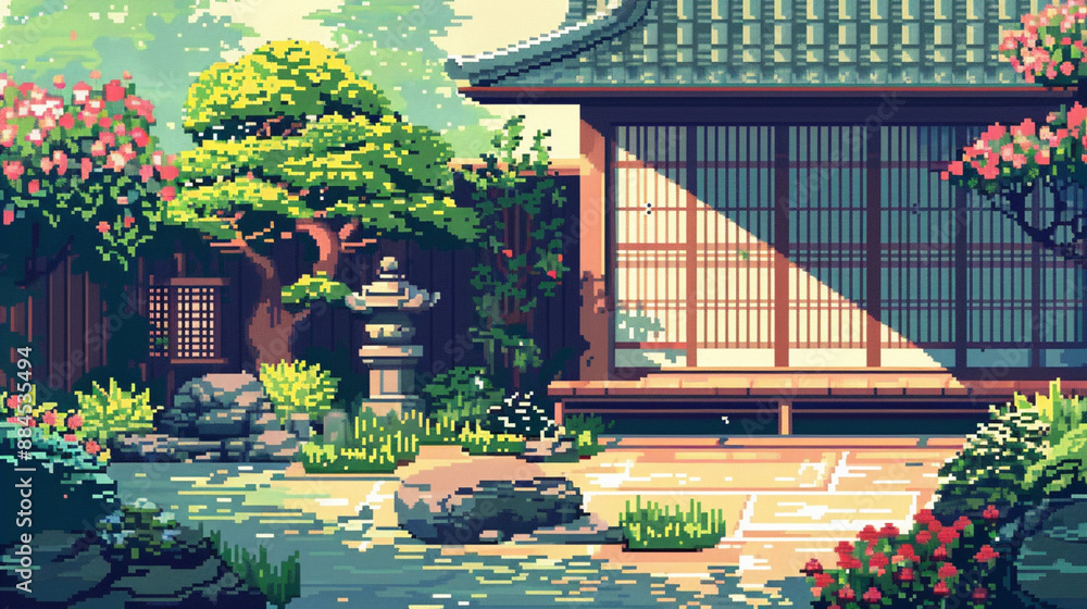2d pixel art of japanese house with zen garden, japanese garden ...