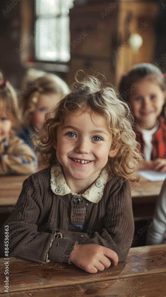 Joyful schoolgirl with a beaming smile sits at her desk in a lively ...