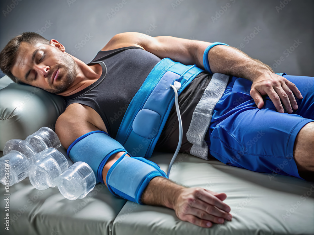 Cold compression therapy device wraps around athlete's sore muscle, ice ...