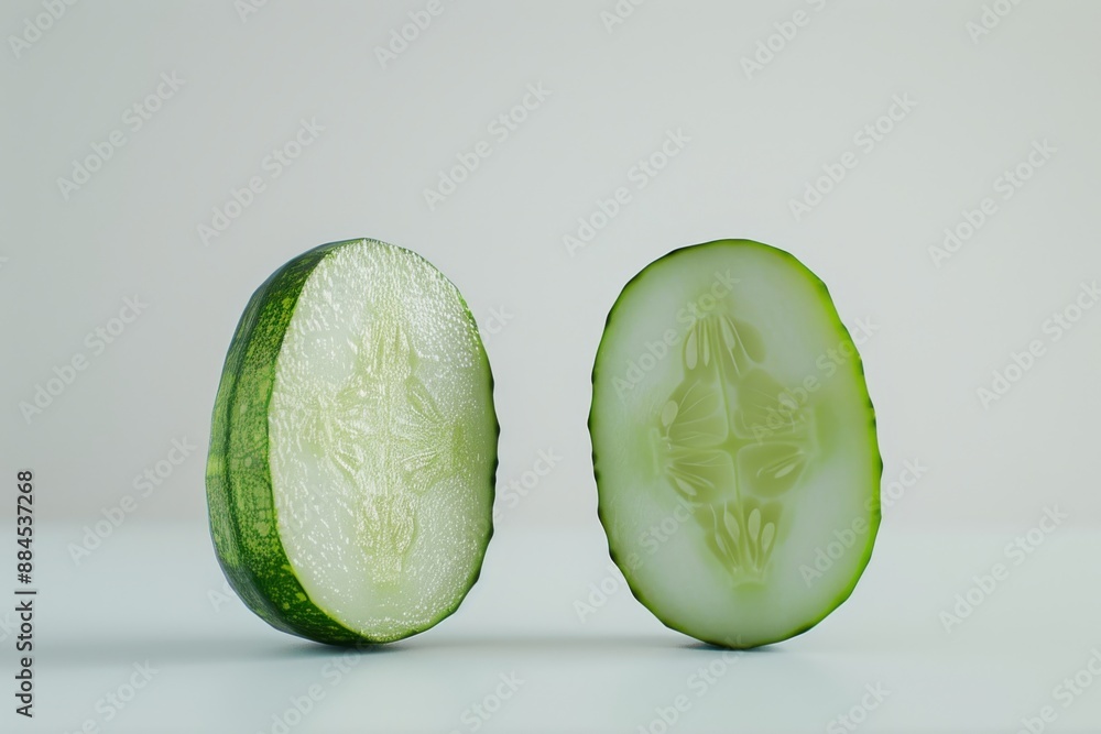 A whole cucumber and its halved counterpart sit isolated on a clean ...