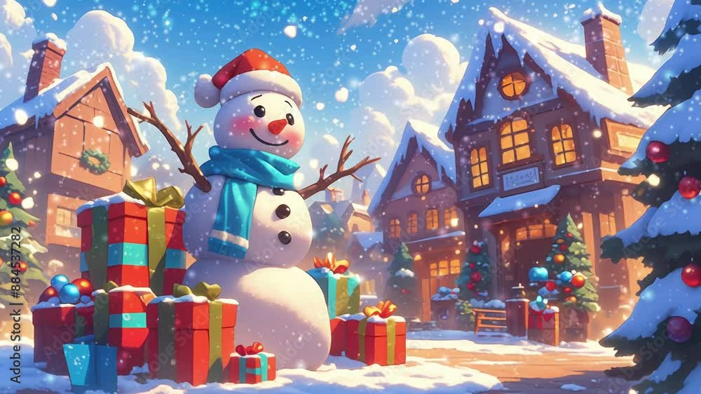 Christmas celebration with a snowman in the village. A perfect blend of ...