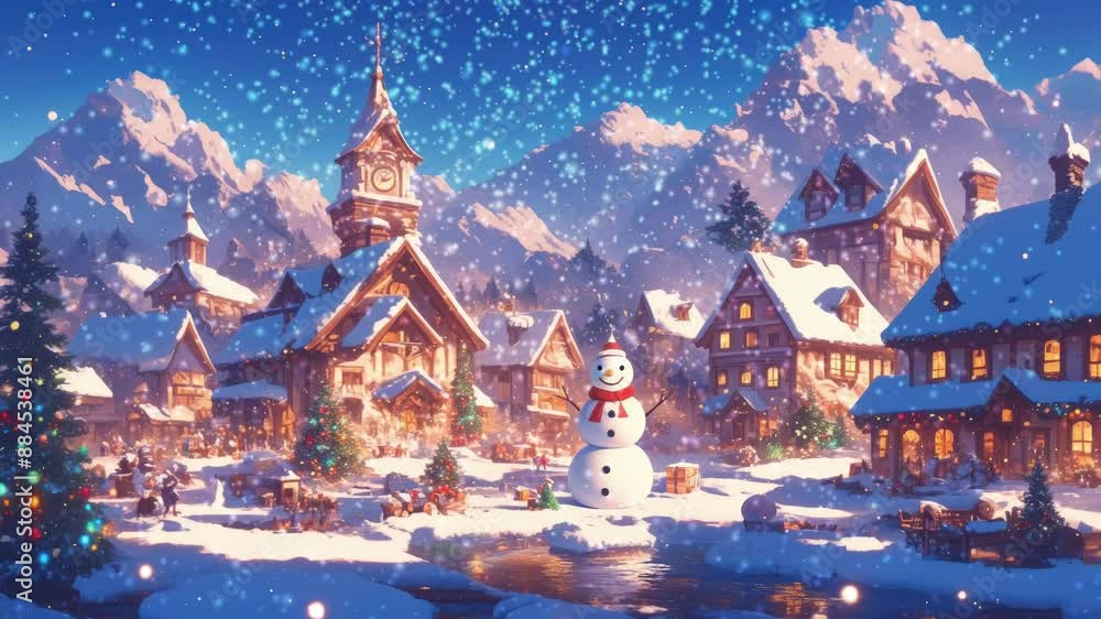Christmas celebration with a snowman in the village. A visually ...
