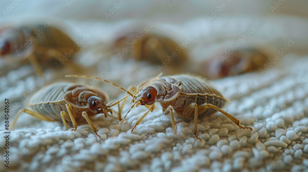Multiple bed bugs on a mattress label, clearly visible, bright and ...