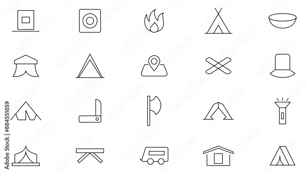 Camping line icon set. Travel, outdoor, campfire, hiking, camp trailer ...