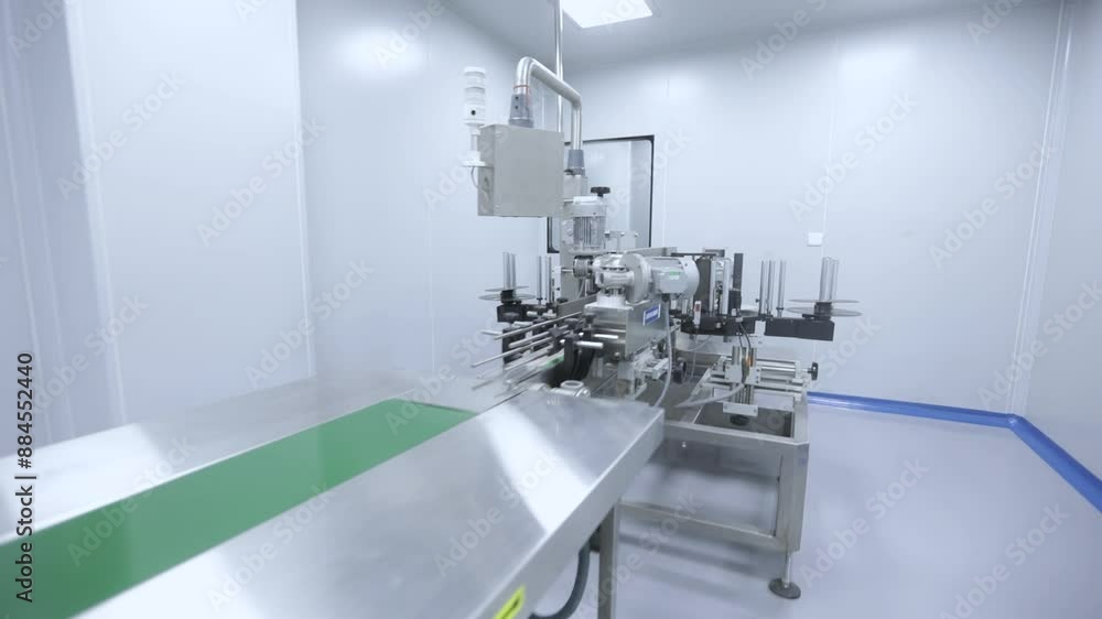 stainless steel machine with conveyor belt in a pharmaceutical. hallway ...