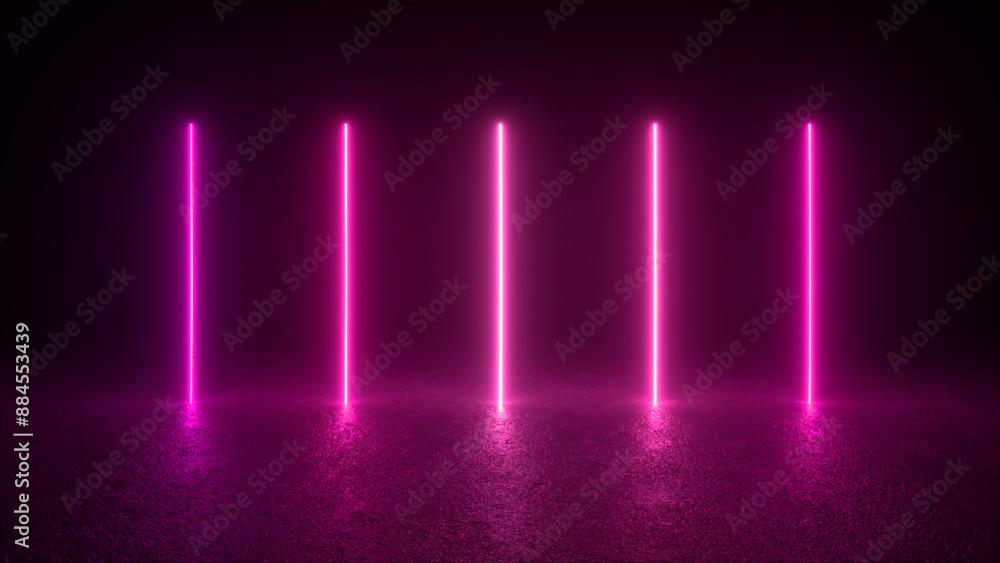 Five vertical pink neon beams illuminate a dark room. The beams cast ...