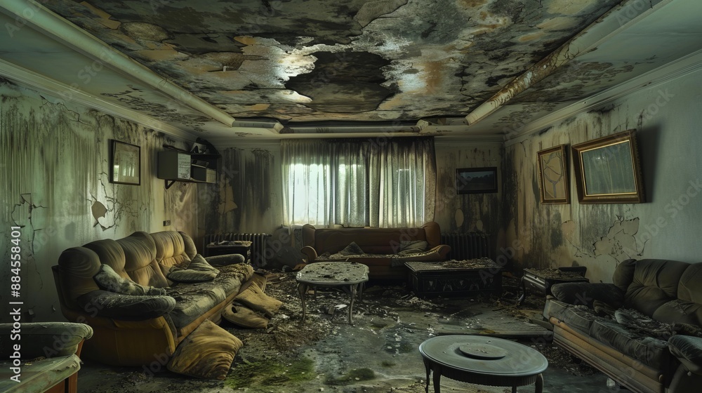 Living room with sagging ceiling, water stains, soaked carpet, moldy ...
