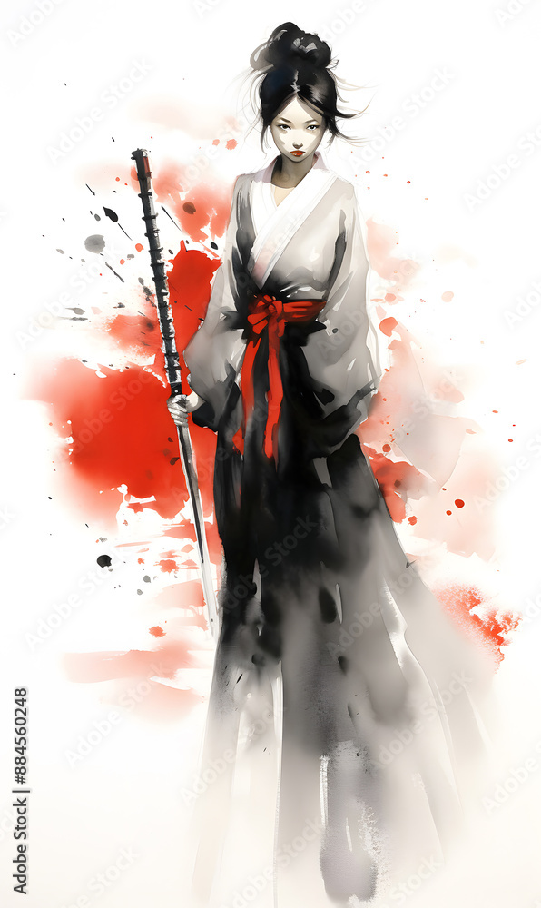 A Japanese girl kunoichi with a hidden blade in her staff prepares for ...