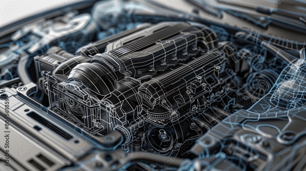 A detailed wireframe design of an engine, intricately showcasing the ...