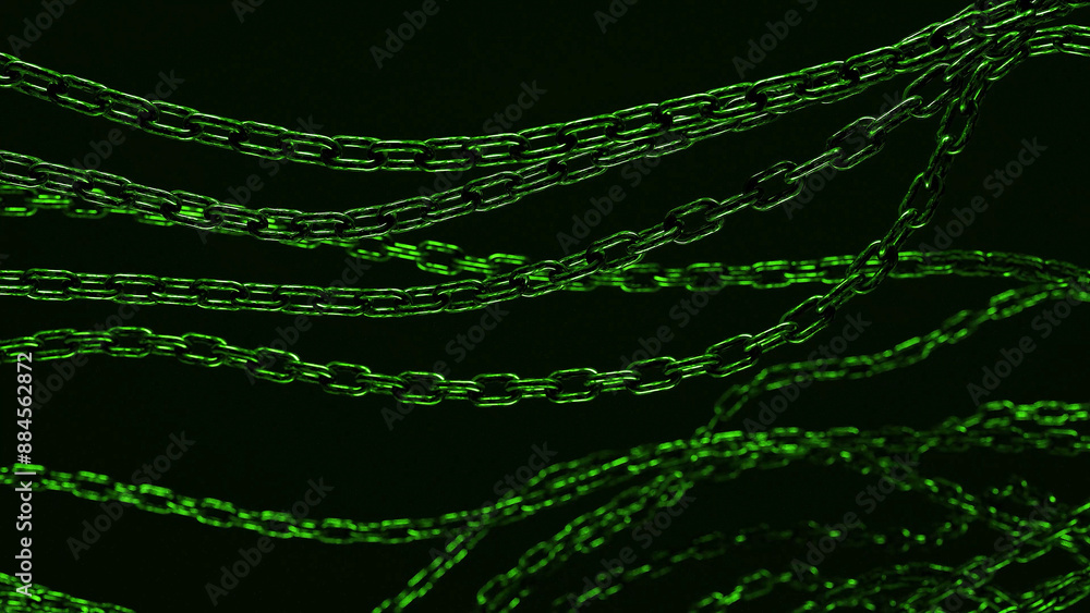 Several green chains hang against a black background, casting a faint ...