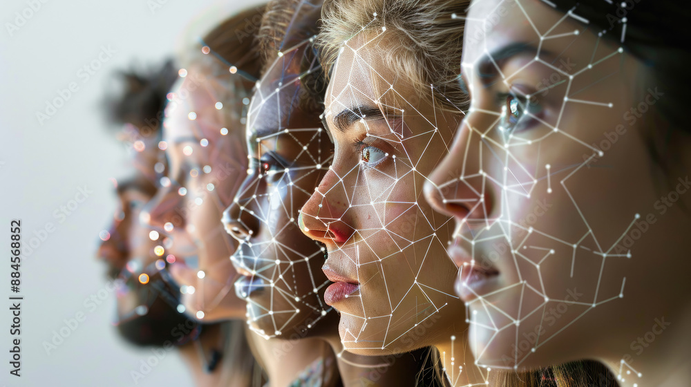 Facial recognition technology, people with data of AI biometric system ...