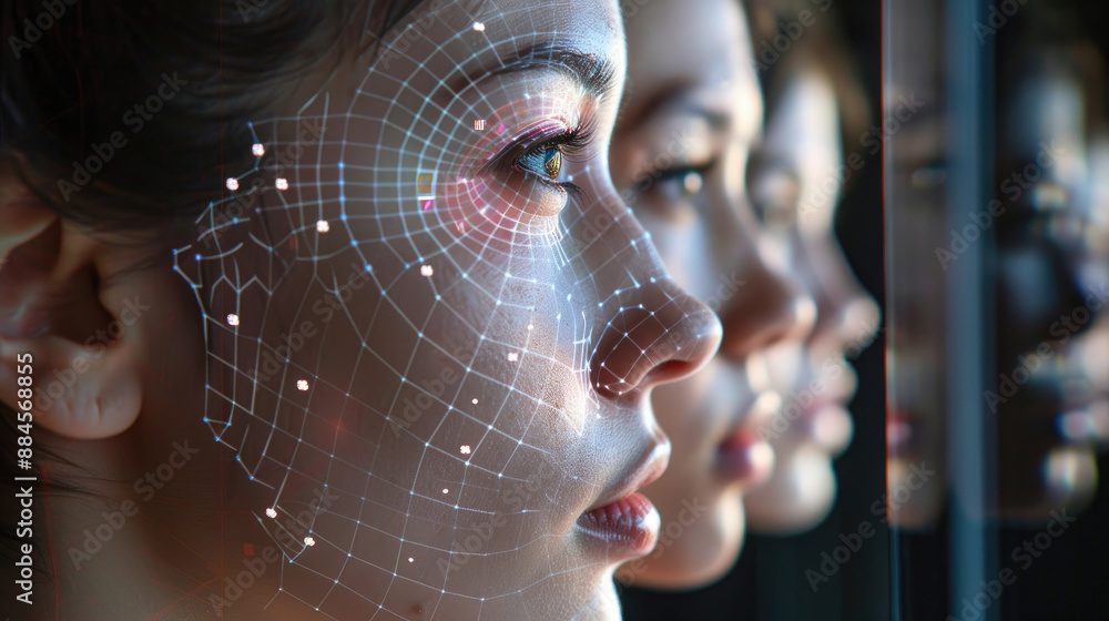 Facial recognition technology, young women with data of AI biometric ...