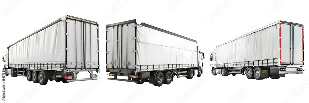 Rear side, side, and opposite rear side view of a semi trailer truck ...