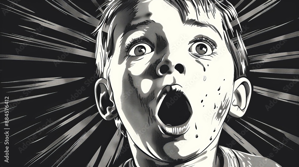 kid with open mouth, eyes. The emotion of fear, scared on face. kid is ...