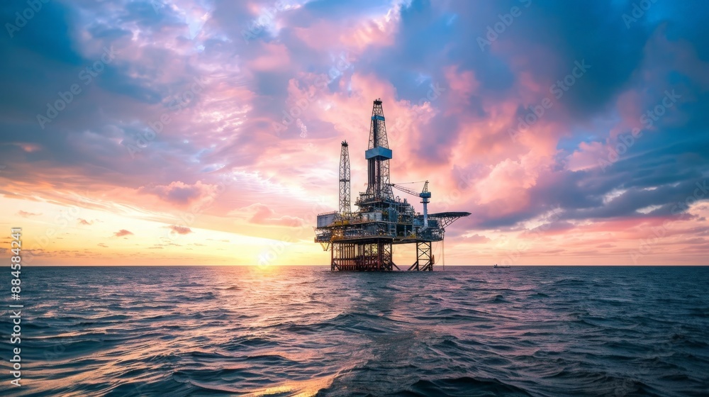 Gasoline oil rig at dawn, with the rising sun casting dramatic light on ...