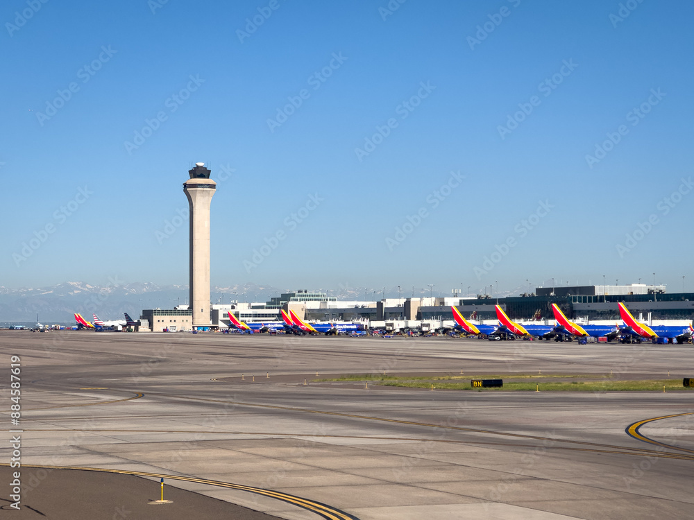Denver International Airport control tower and tarmac view with ...