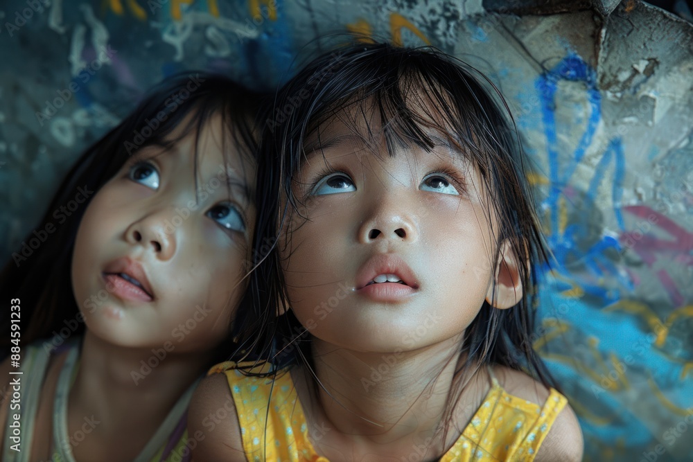 Two little girls in the slums look up with sad eyes, highlighting the ...