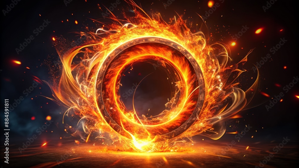 Vibrant 3D fire wheel spinning rapidly amidst dark background with ...