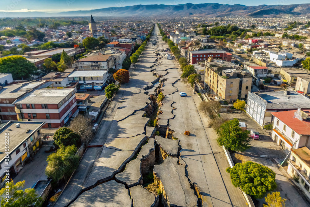Photo Aerial view of a devastated cityscape with severely cracked roads ...