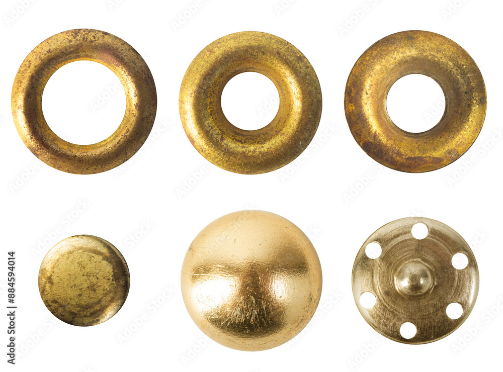 Isolated png photo of circular brass or copper metal buttons or rivets ...