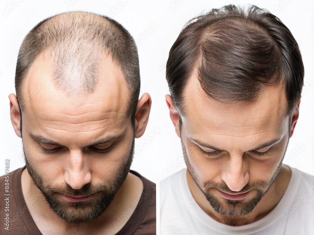 Before and after comparison of a male scalp with significant hair loss ...