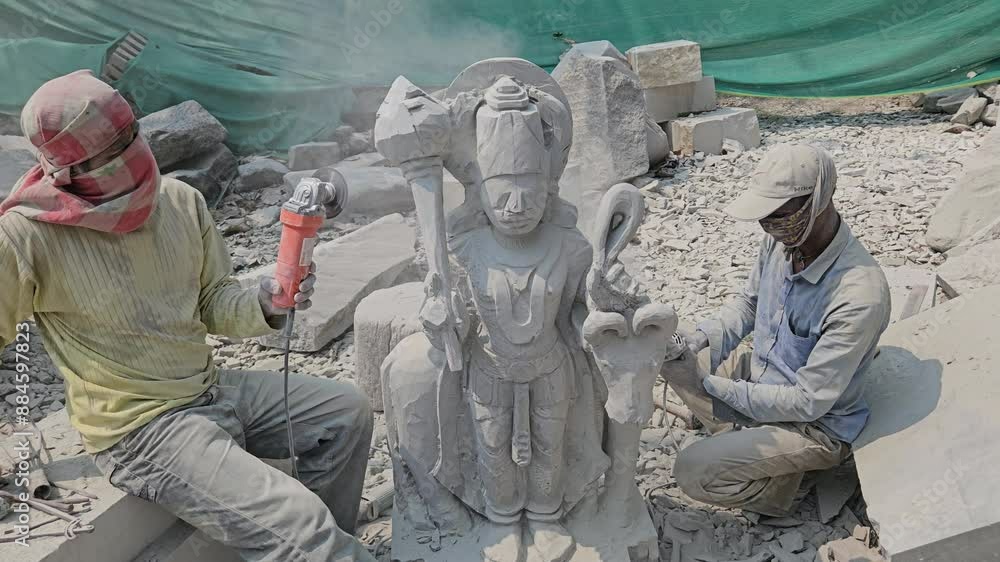 Indian Stone Carving Artists Creating Hindu God Statue Of Stone ...
