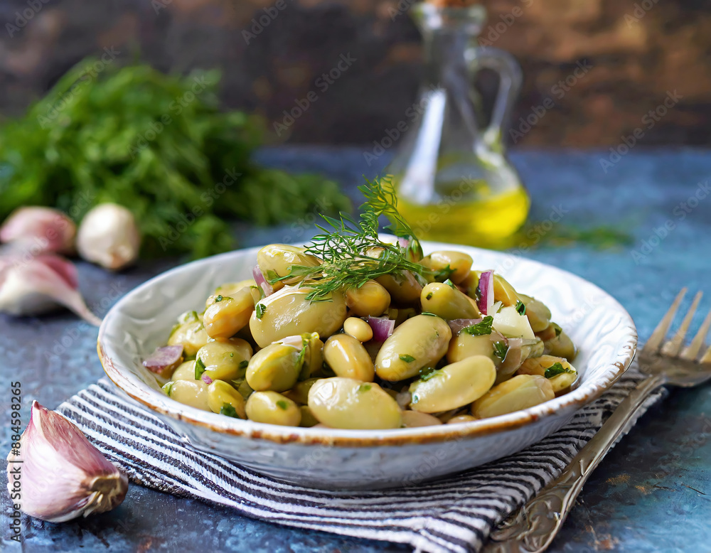 Traditional Turkish food; Fresh broad bean salad with olive oil, broad ...