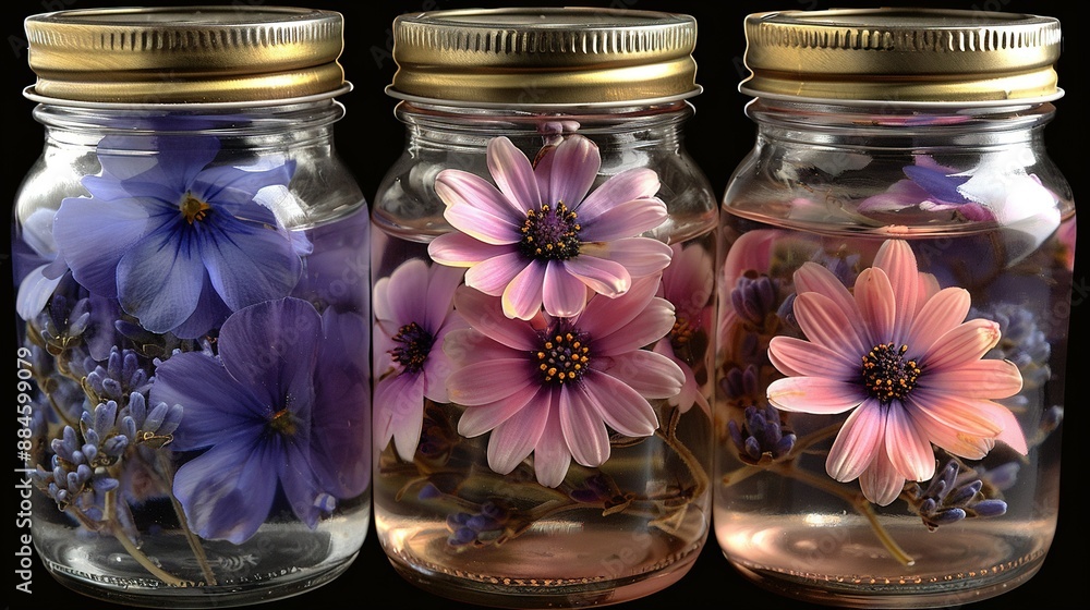 Three glass jars, each holding different types of flowers, sit against ...