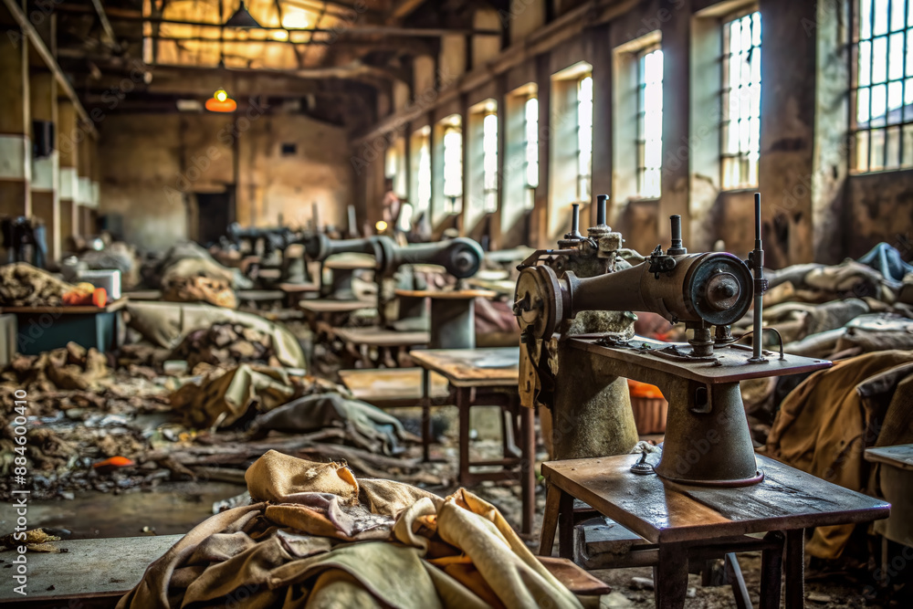 Photo & Art Print Abandoned sewing machines surround stacks of worn fabric scraps in a dimly lit ...