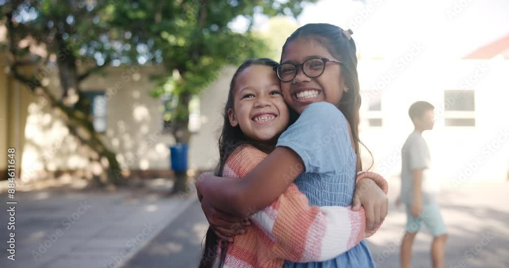 Girl, children and face with hug on playground for friendship, youth ...