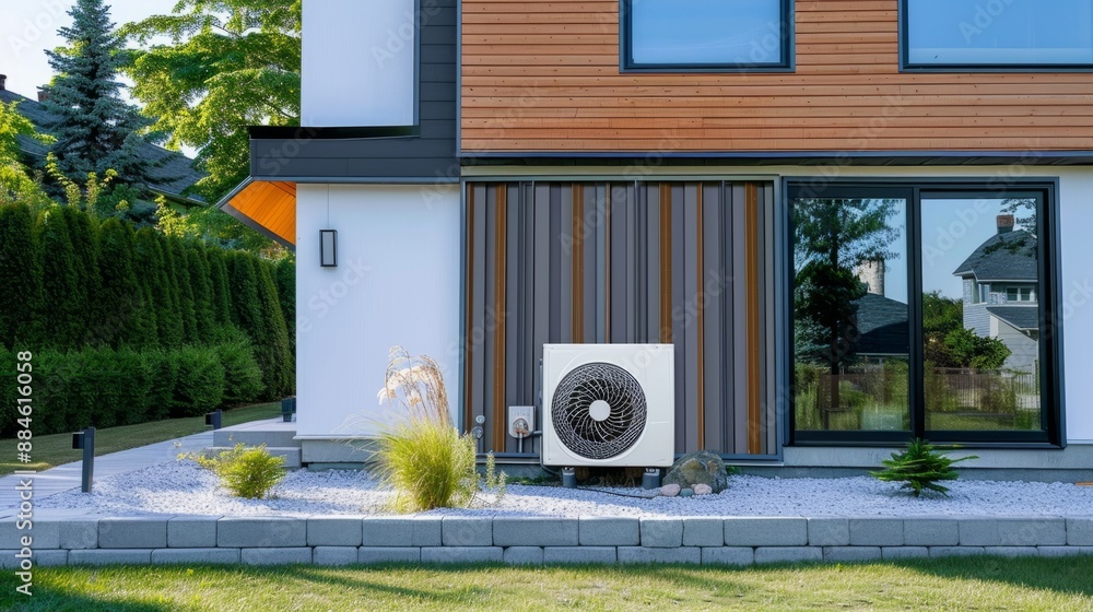 Modern house exterior with an outdoor air conditioning unit in a ...