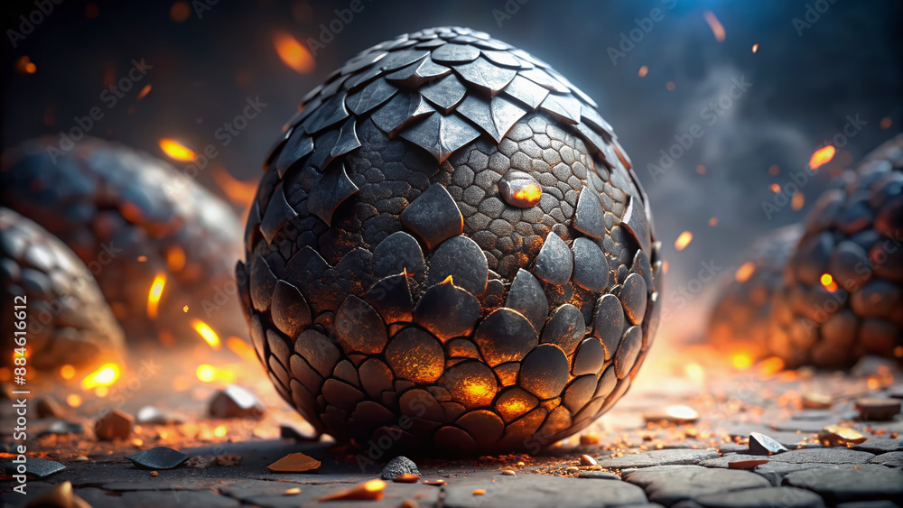 A cracked black dragon egg lies shattered, its fragments revealing intricate dragon scales on ...