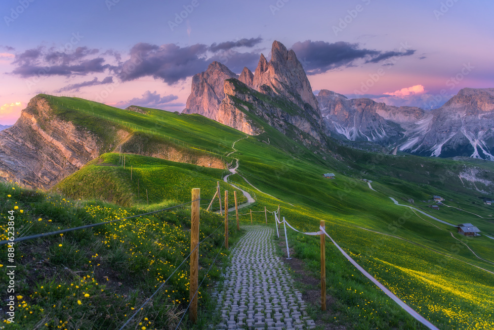 Seceda mountain at beautiful sunset in summer in Dolomites, Italy ...