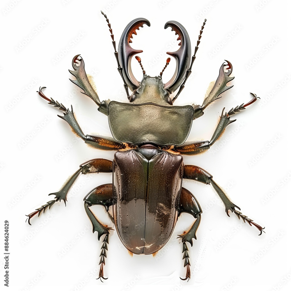 A striking stag beetle with its impressive mandibles and armored ...