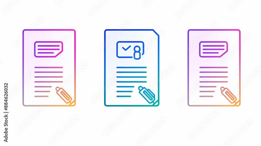 Three gradient document icons including text and checklist elements ...