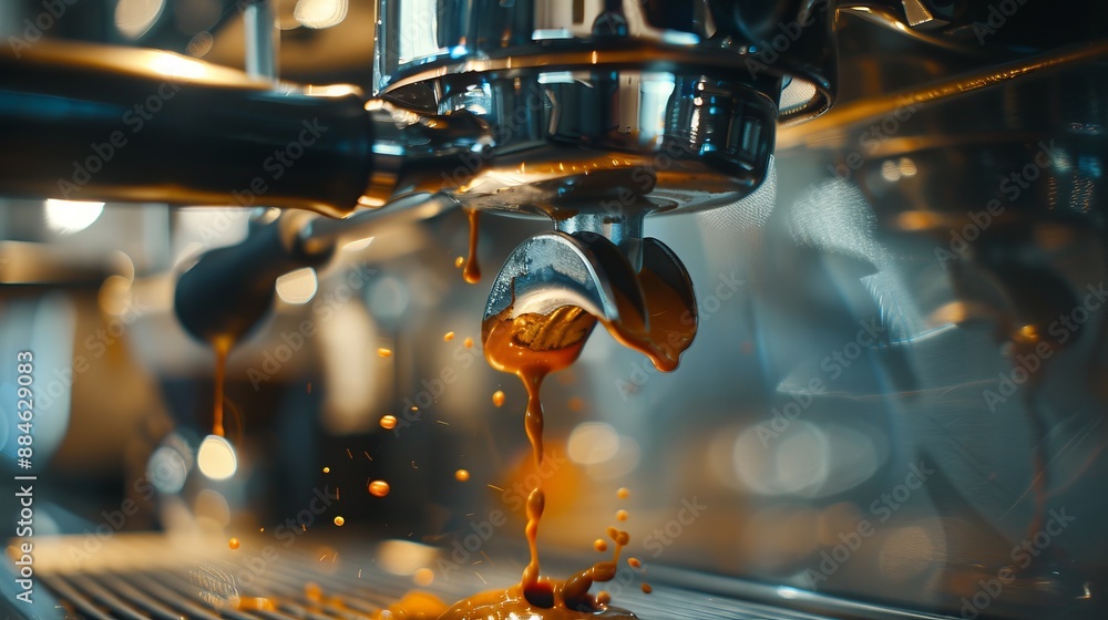 A messy coffee drip from an espresso machine, highlighting the complex ...