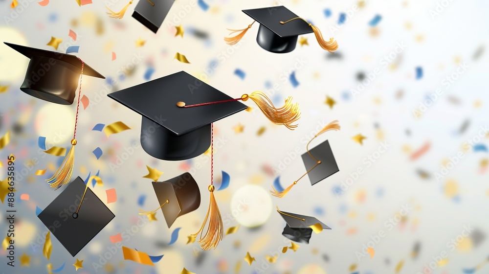 This image captures graduation caps flying through the air amidst ...