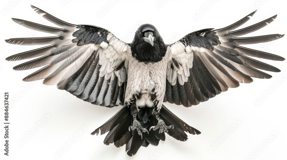 Beautiful hooded crow with black and white plumage is landing with its ...