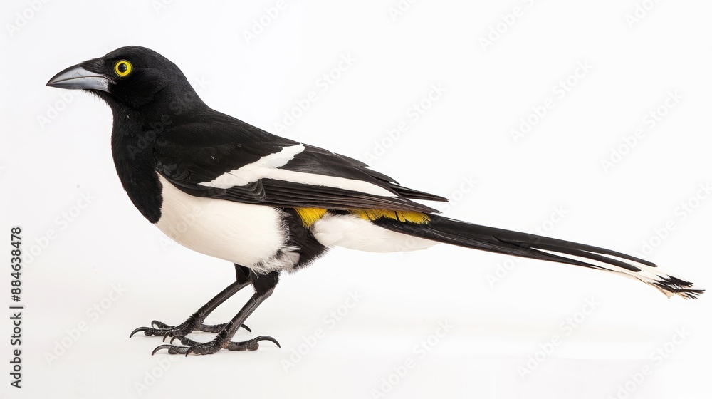Beautiful black-billed magpie poses gracefully against a white backdrop ...