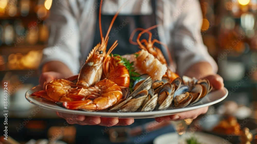 Chef presenting a delicious seafood platter in a modern restaurant. The ...