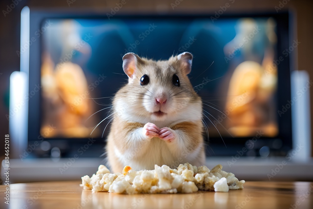 Whiskered hamster munching on popcorn while sitting in front of TV ...