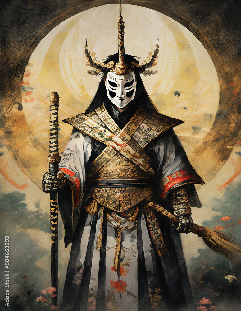 Samurai Ghost Warrior white face, full body Japanese background, Stock Illustration | Adobe Stock