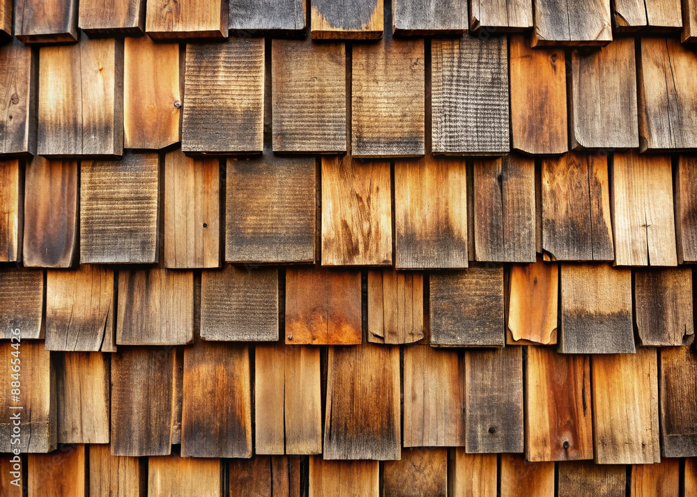 Rustic wooden shingles form a naturally textured background, with ...