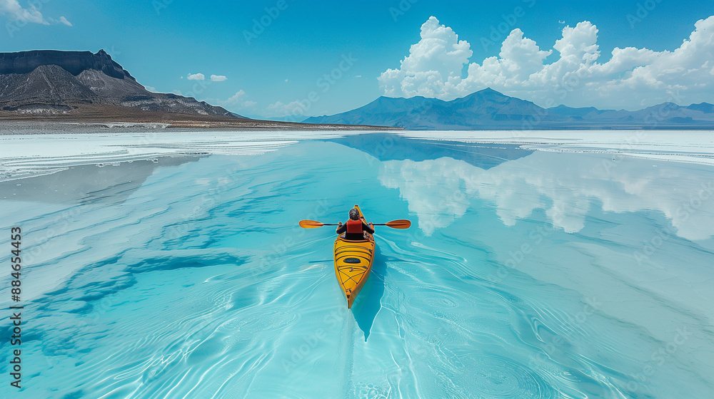 Kayaking down Salt Flats in Utah, blue and clear slat flat lake, clear ...