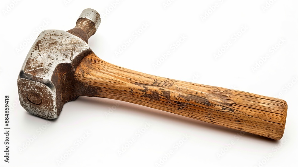 A rustic hammer featuring a wooden handle and a metal head is showcased ...