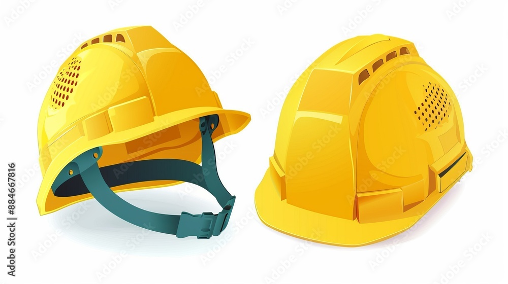 A side and back view of two yellow helmets with ventilation holes ...