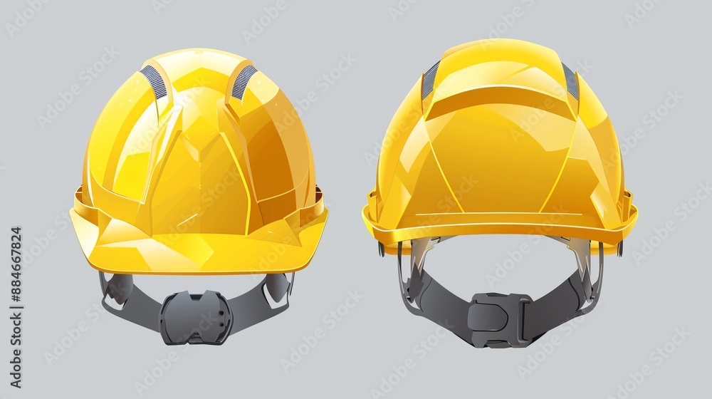 The image shows two yellow safety helmets seen from the front and back ...