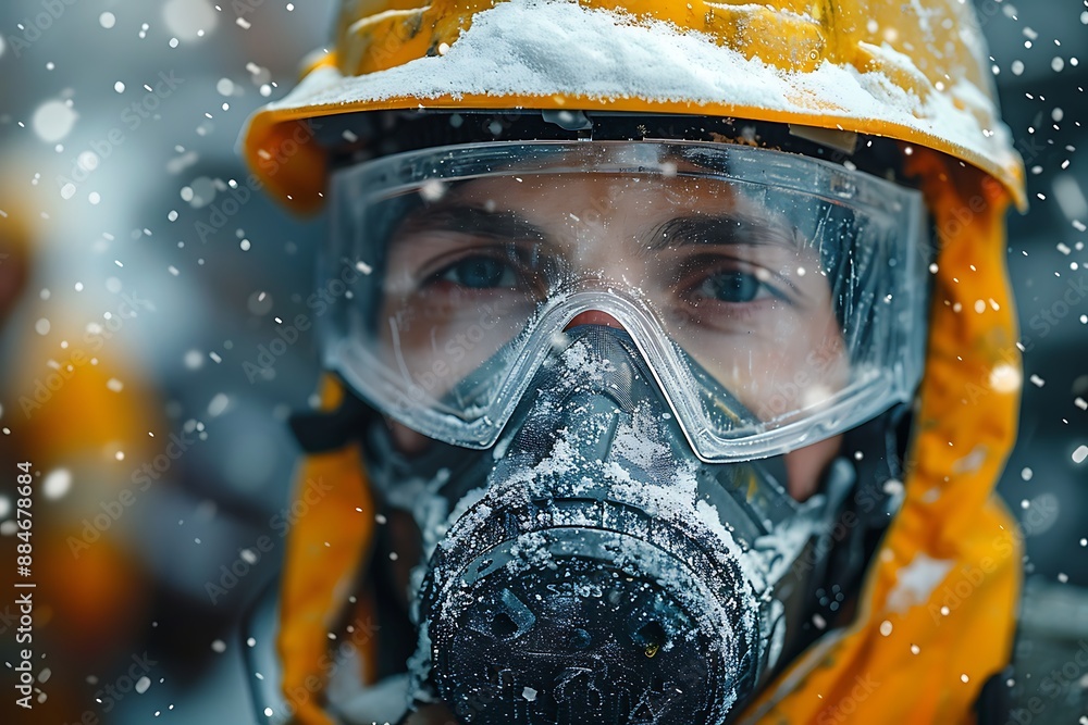 Professional construction worker wearing a high-grade dust mask ...